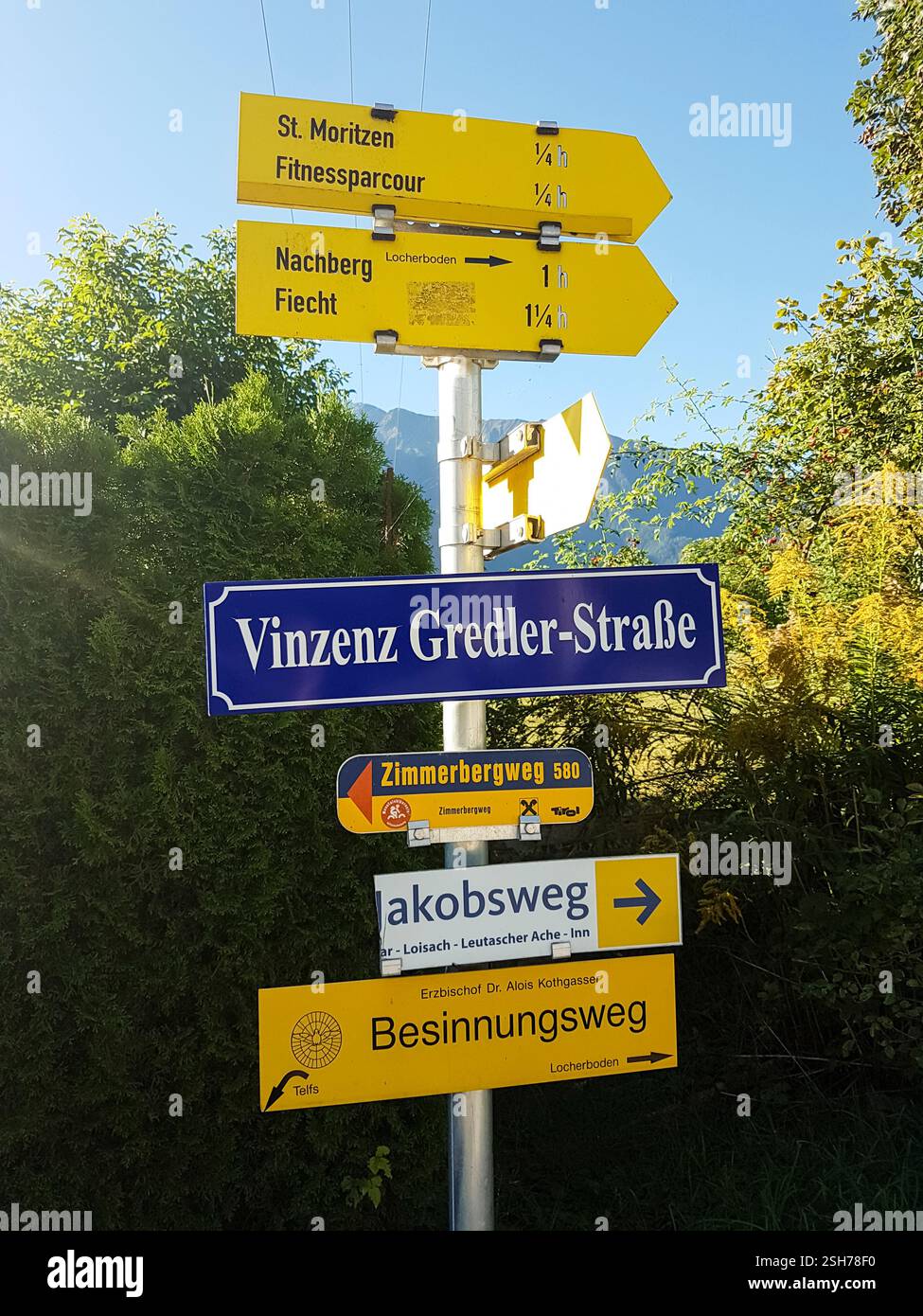 Sign, signpost of Way of St. James Isar Loisach Tiroler Ache Inn, shell ...