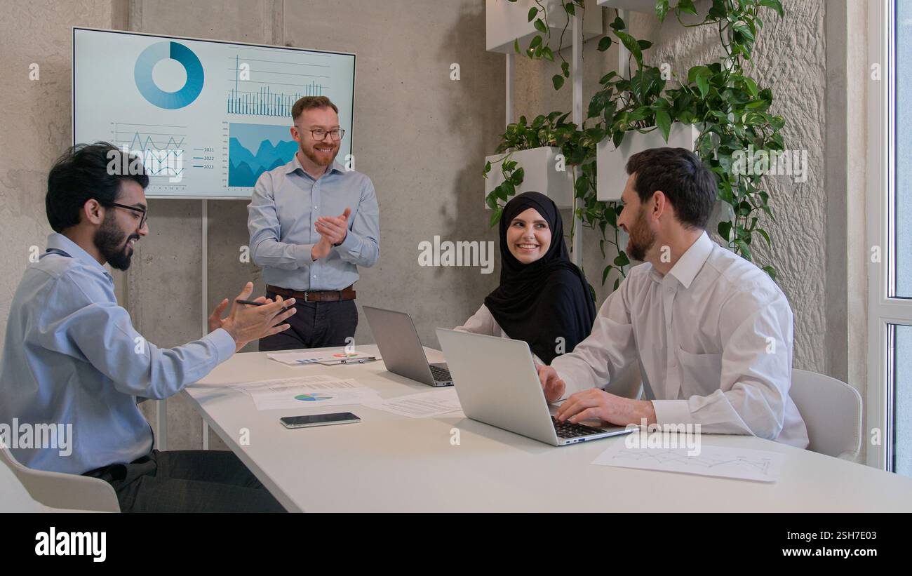 Happy diverse business people multiracial team businessmen muslim ...