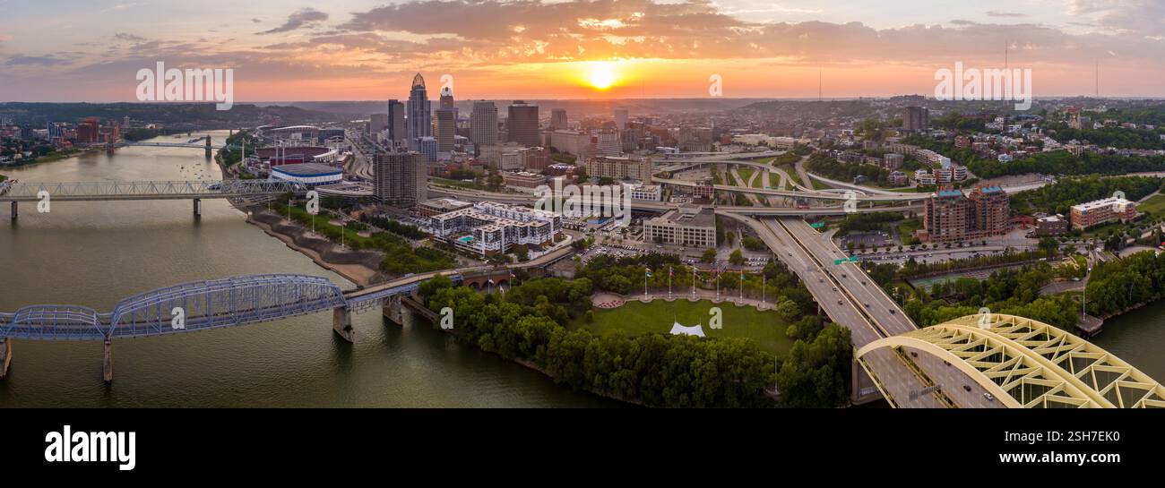 Aerial view of downtown district highway traffic in Cincinnati city ...
