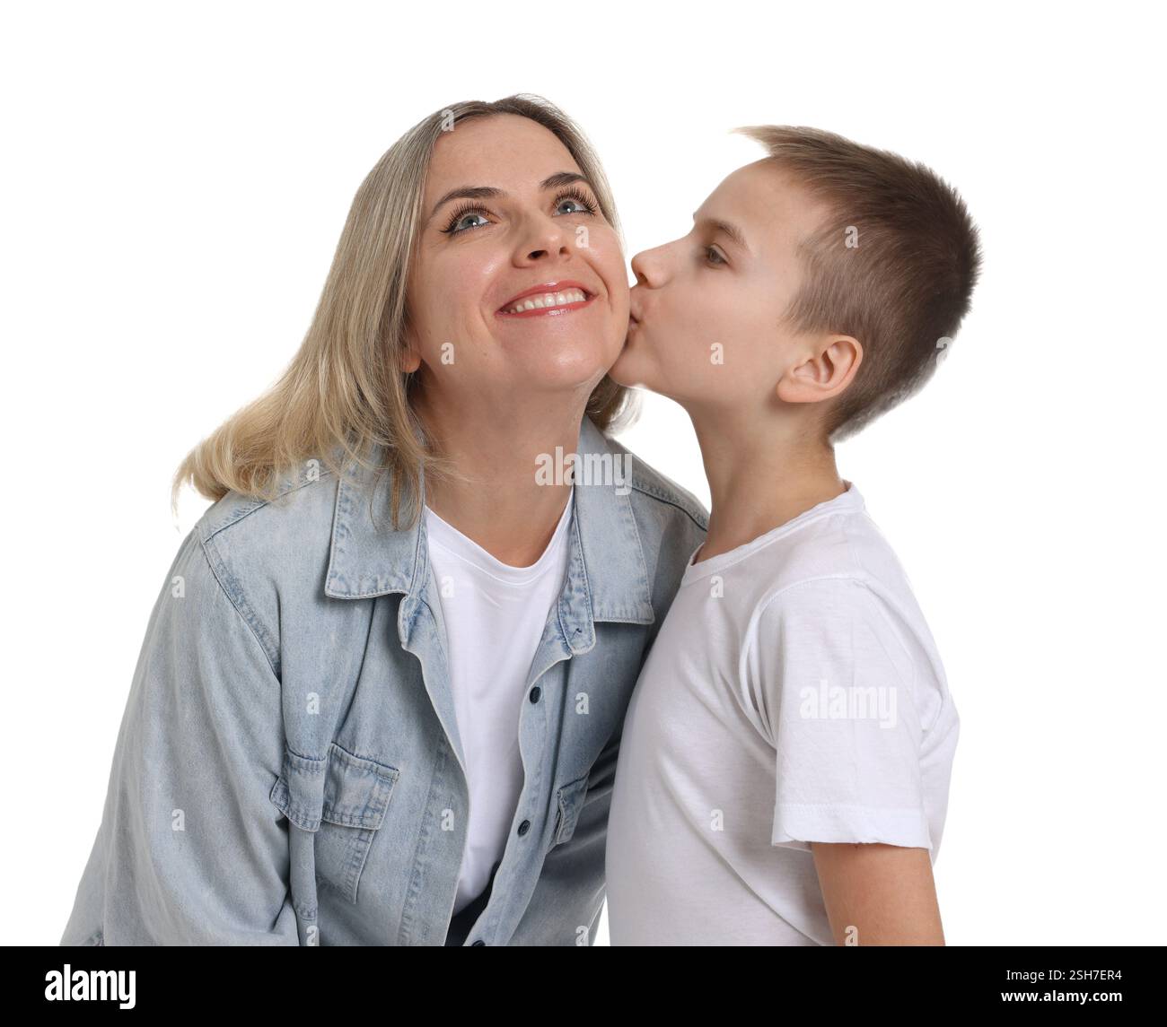 Son kissing his mom on white background Stock Photo - Alamy