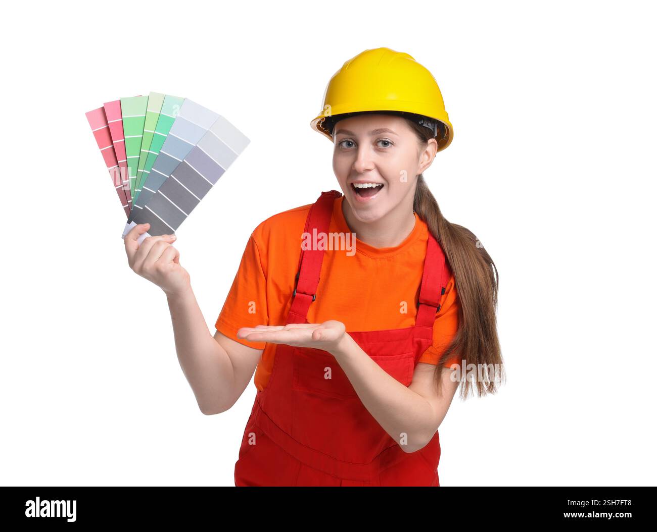 Professional painter with color selection chart on white background ...