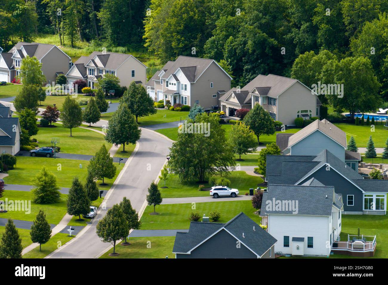 Aerial view of private residential houses in rural suburban sprawl area ...