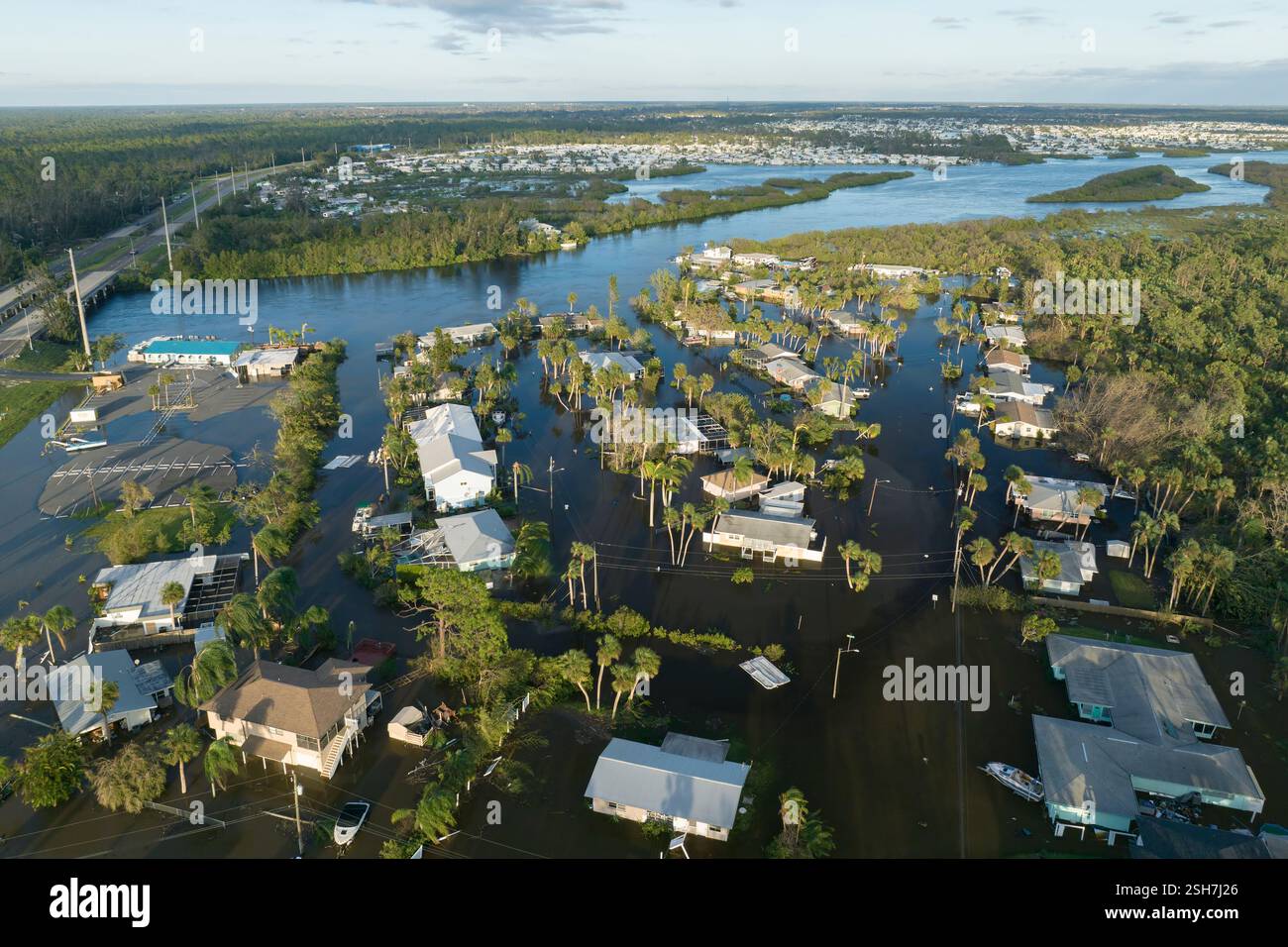 Aftermath of natural disaster. Surrounded by hurricane rainfall flood ...
