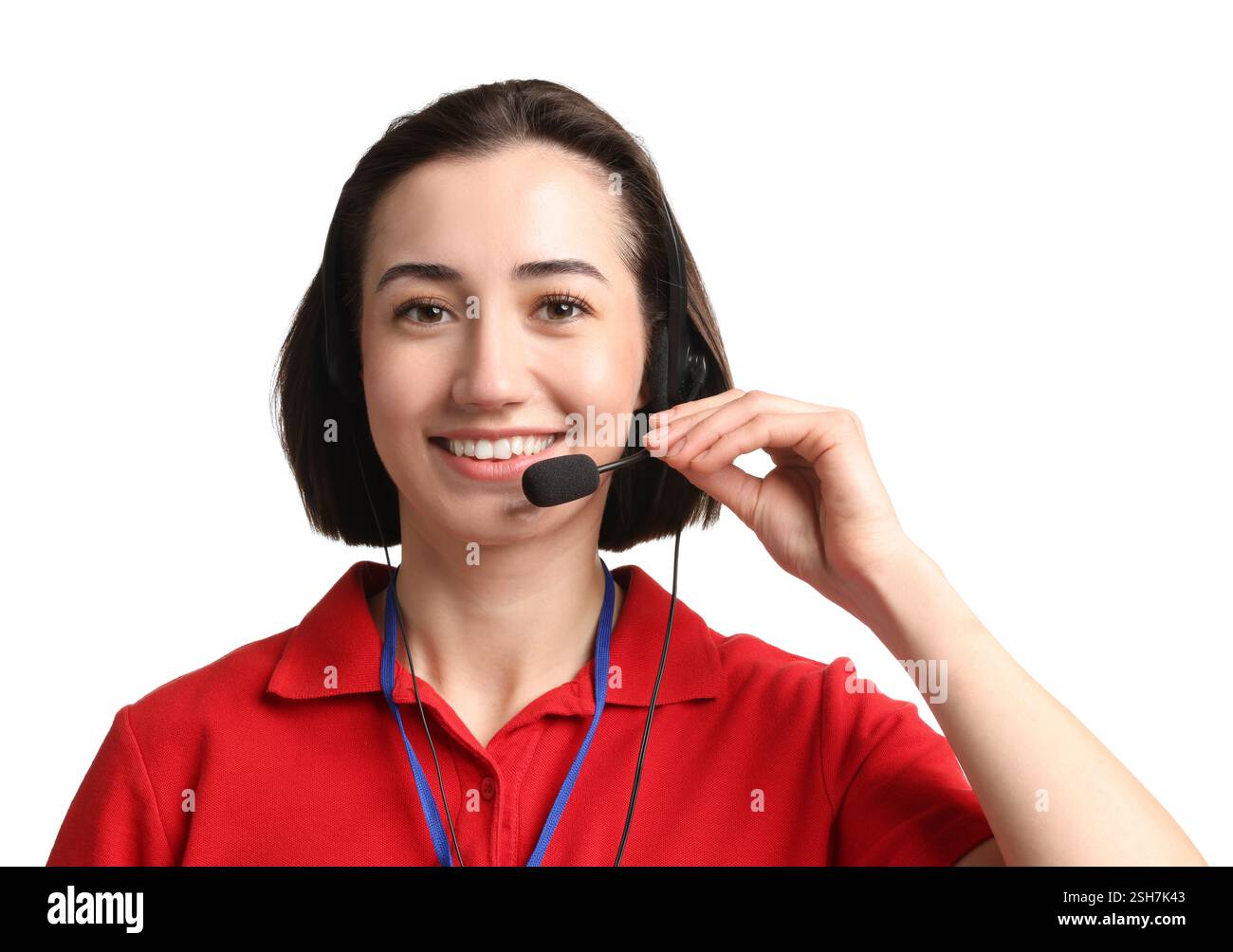 Technical support call center. Portrait of smiling operator on white ...