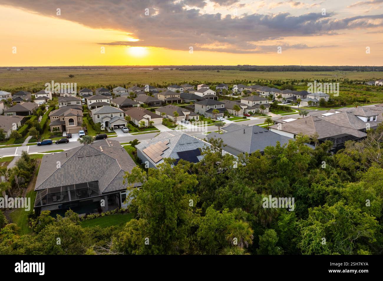 American gated community houses in rural US suburbs. View from above of ...