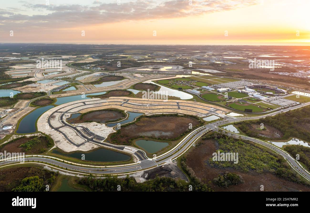 Beginning of construction works on prepared ground. Large building site ...