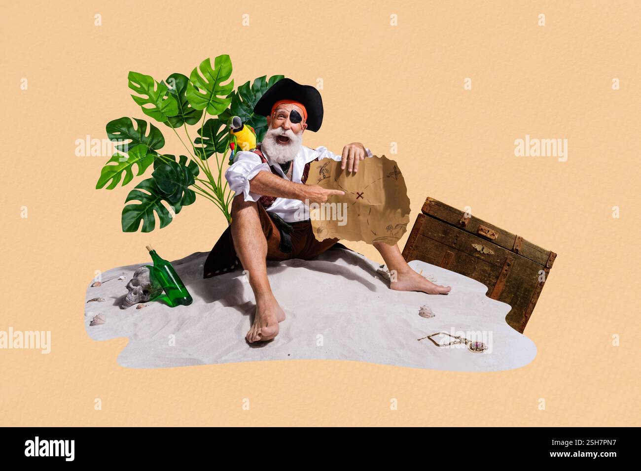 Trend artwork creative sketch photo collage of aged man sit sand actor ...