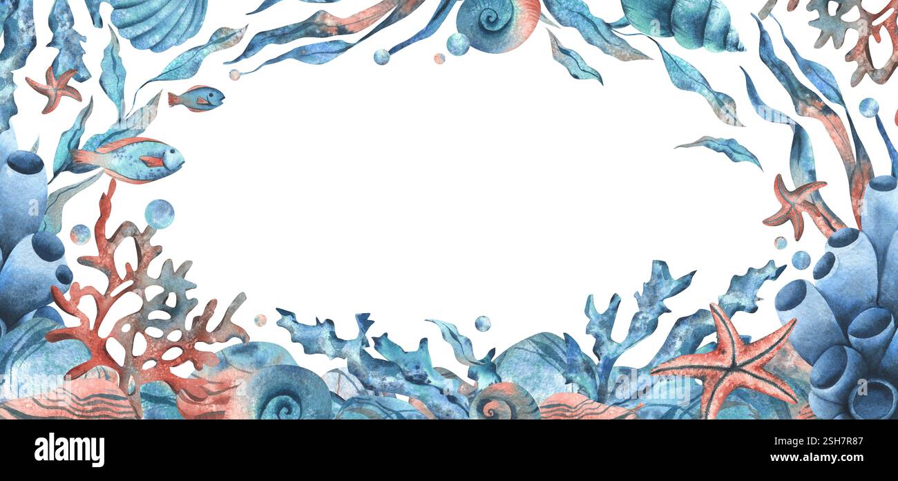 Underwater world with sea animals, shells, corals, fish, seaweed ...