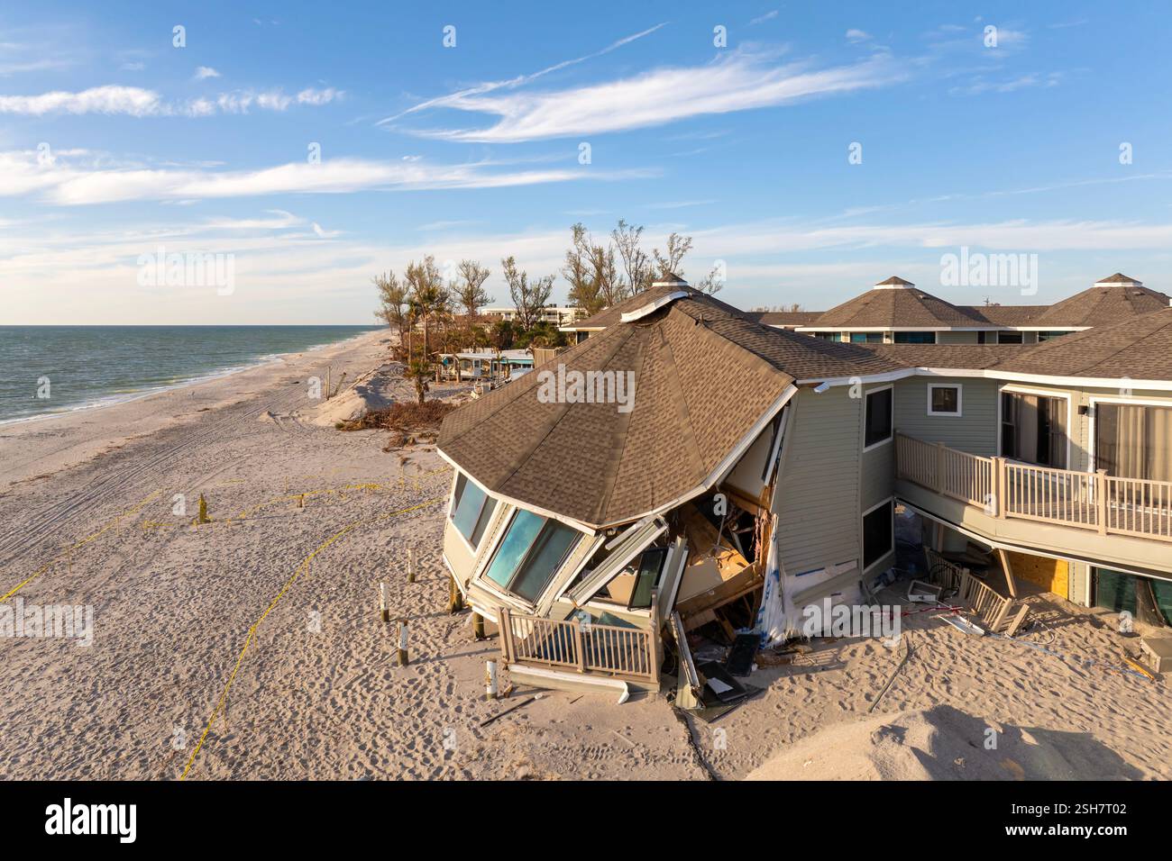 Destroyed houses on ocean shore after hurricane Milton landfall ...