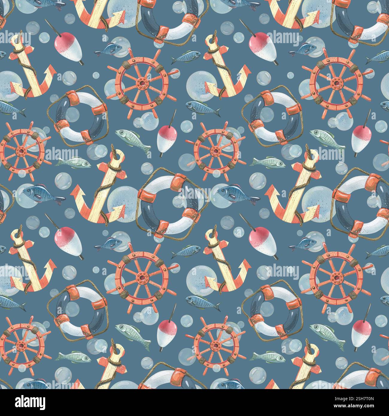 Anchor, ship's wheel, lifebuoy, fishing float with fish and bubbles ...