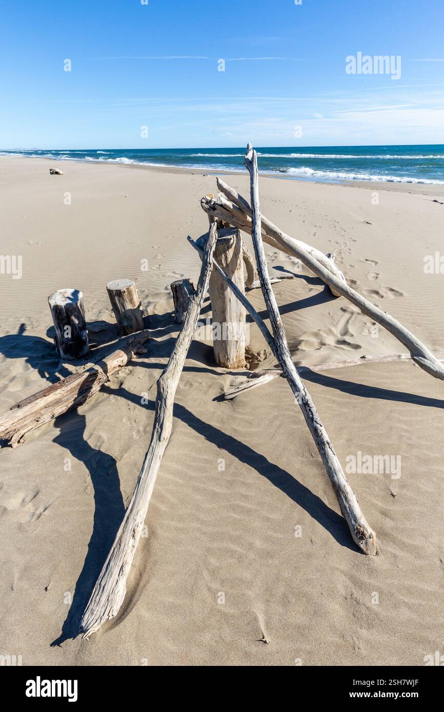 Wood debris forming the remains of a shelter on Piémanson beach in ...