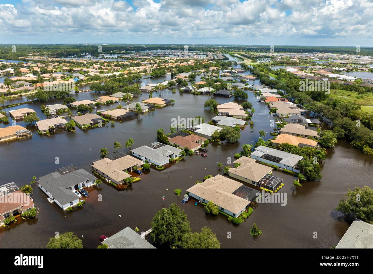 Flooded residential area with underwater houses from hurricane rainfall ...