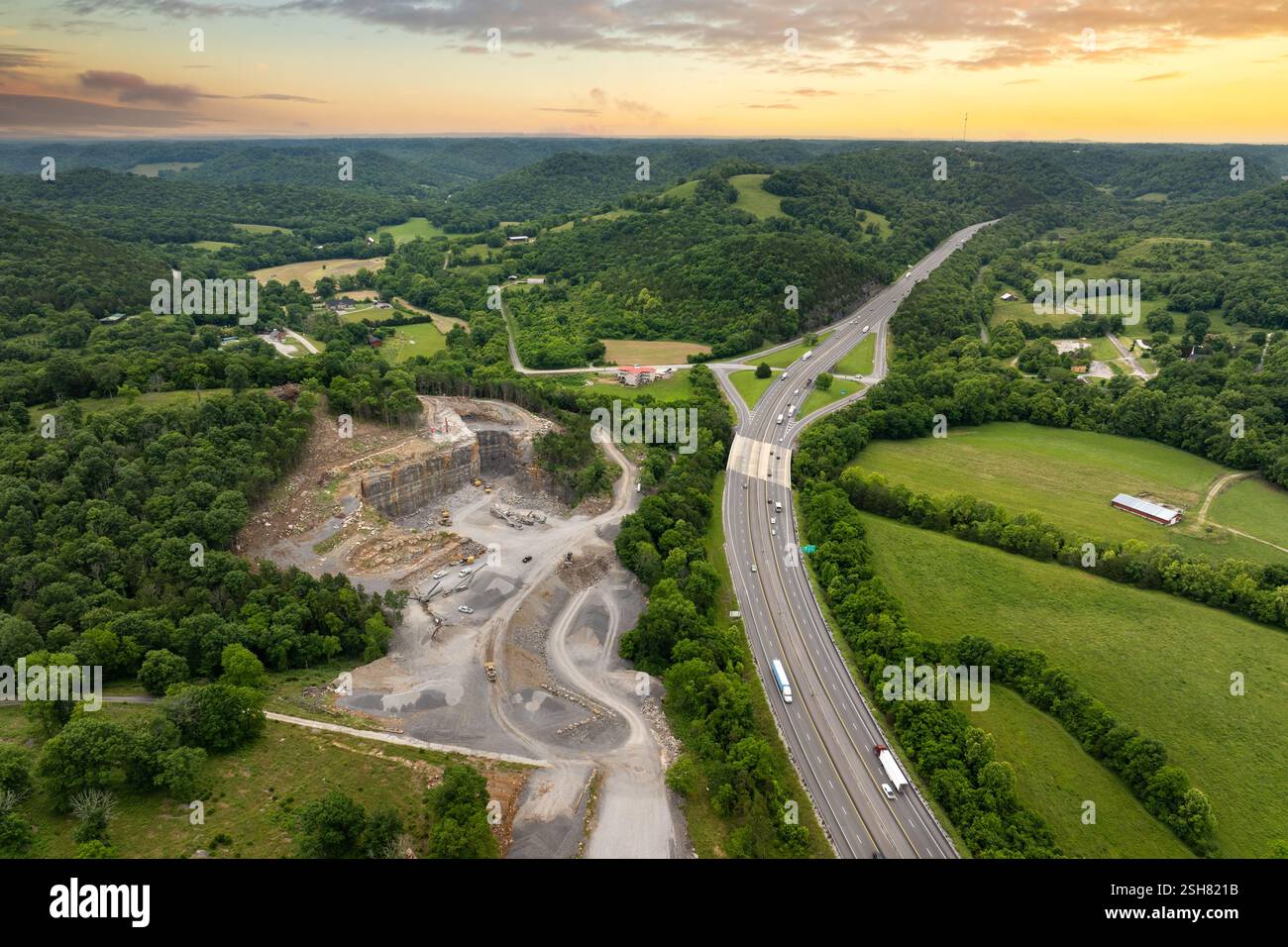 Industrial gravel quarry. Open pit mining site of limestone materials ...