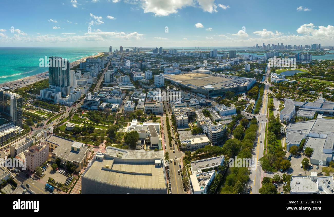 Miami Beach city with high luxury hotels and condos. High angle view of ...
