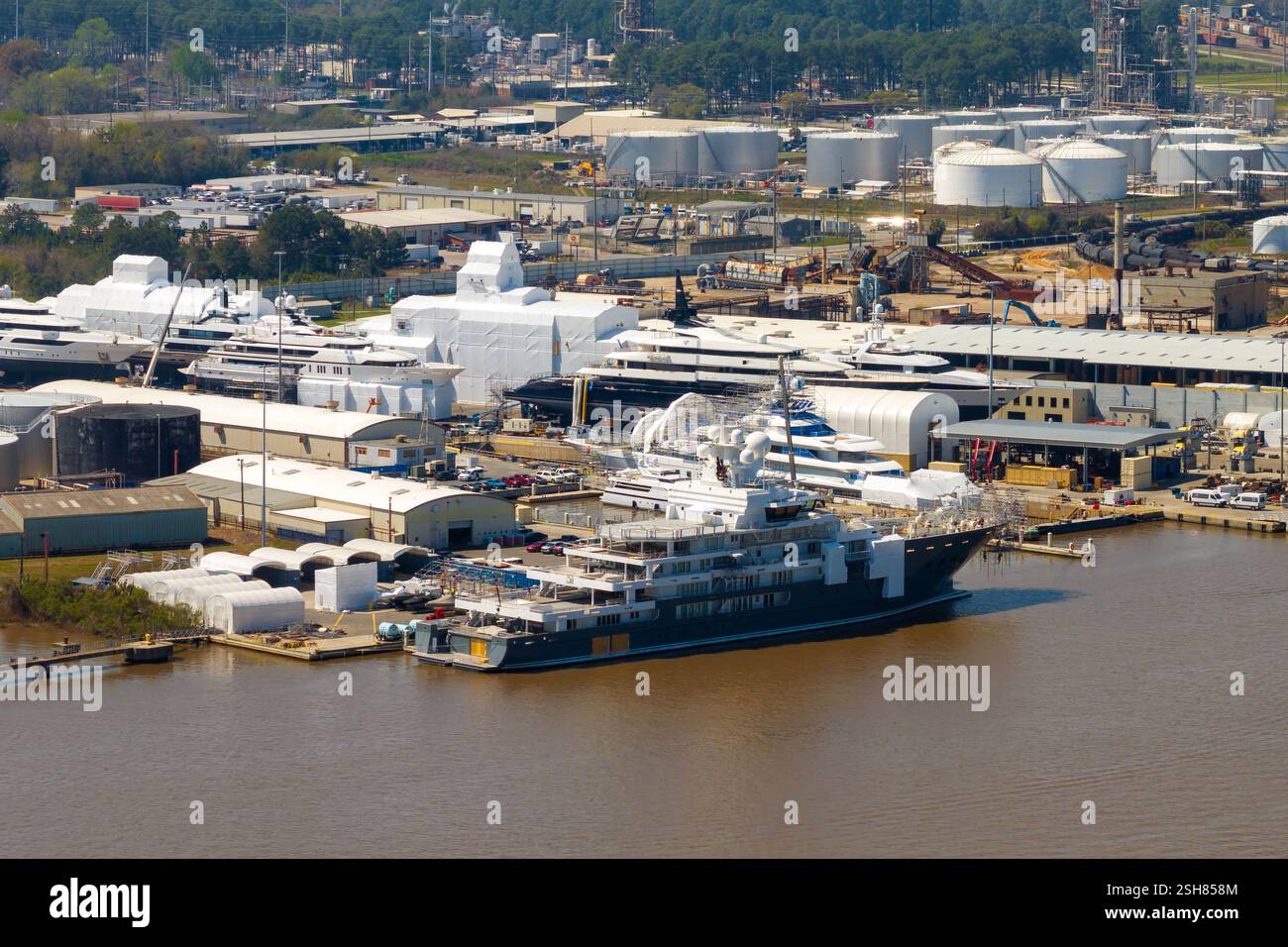 Production shipyard with deep sea luxury yachts under construction ...