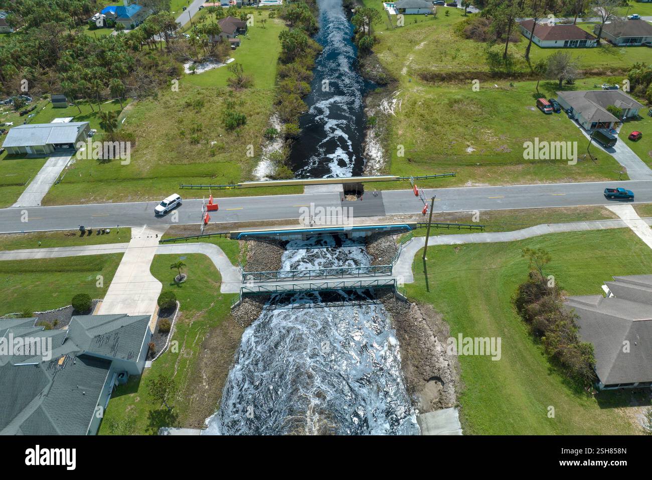 Repair of destroyed bridge after hurricane flood in Florida ...