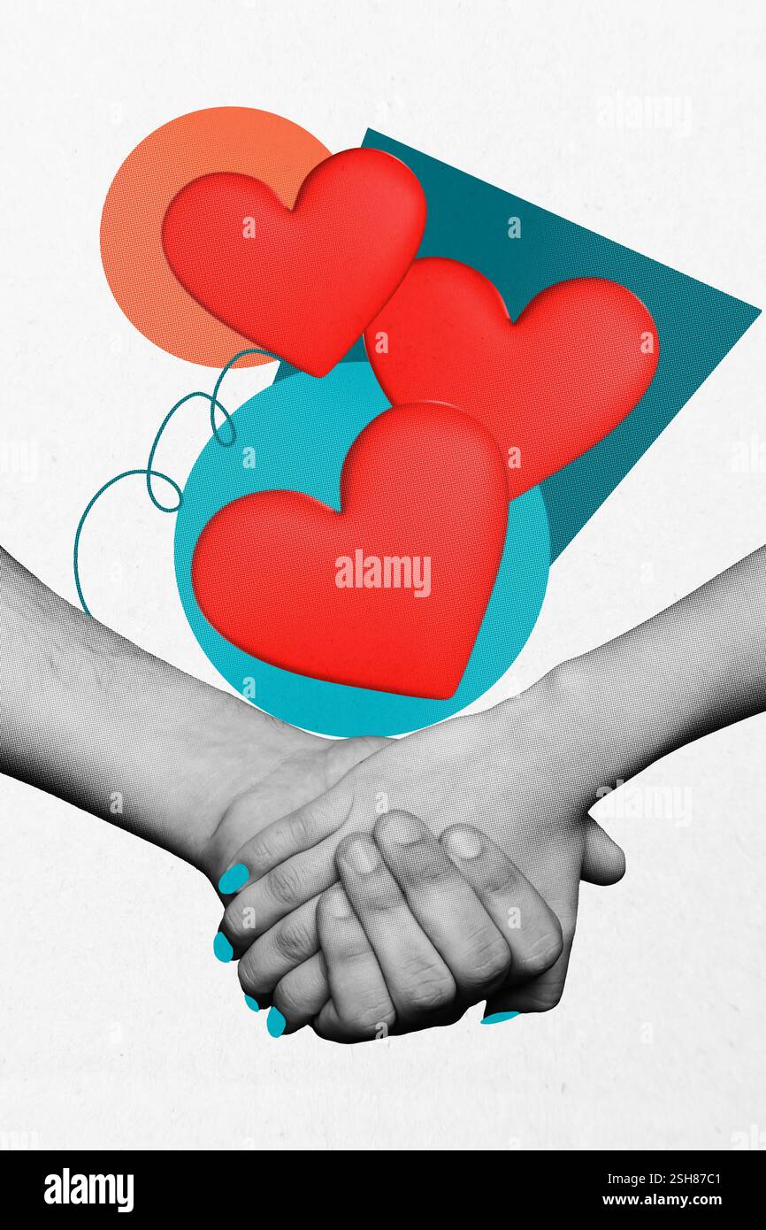 Composite 3D photo collage design trend sketch of hand hold together ...