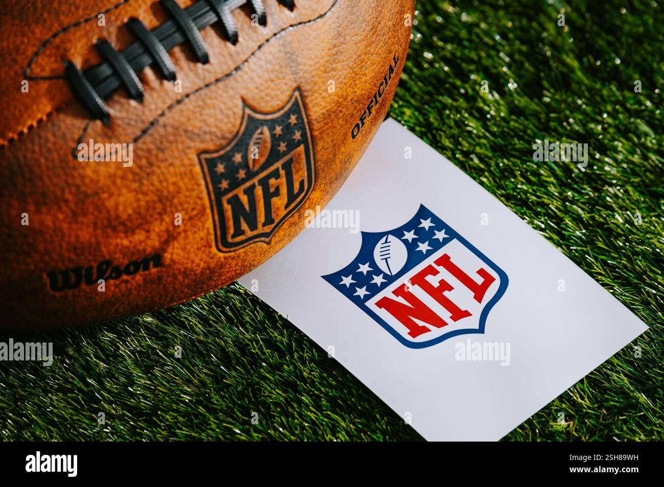 NEW YORK, USA, FEBRUARY 10, 2025: National Football League (NFL) Logo and American football ball ...