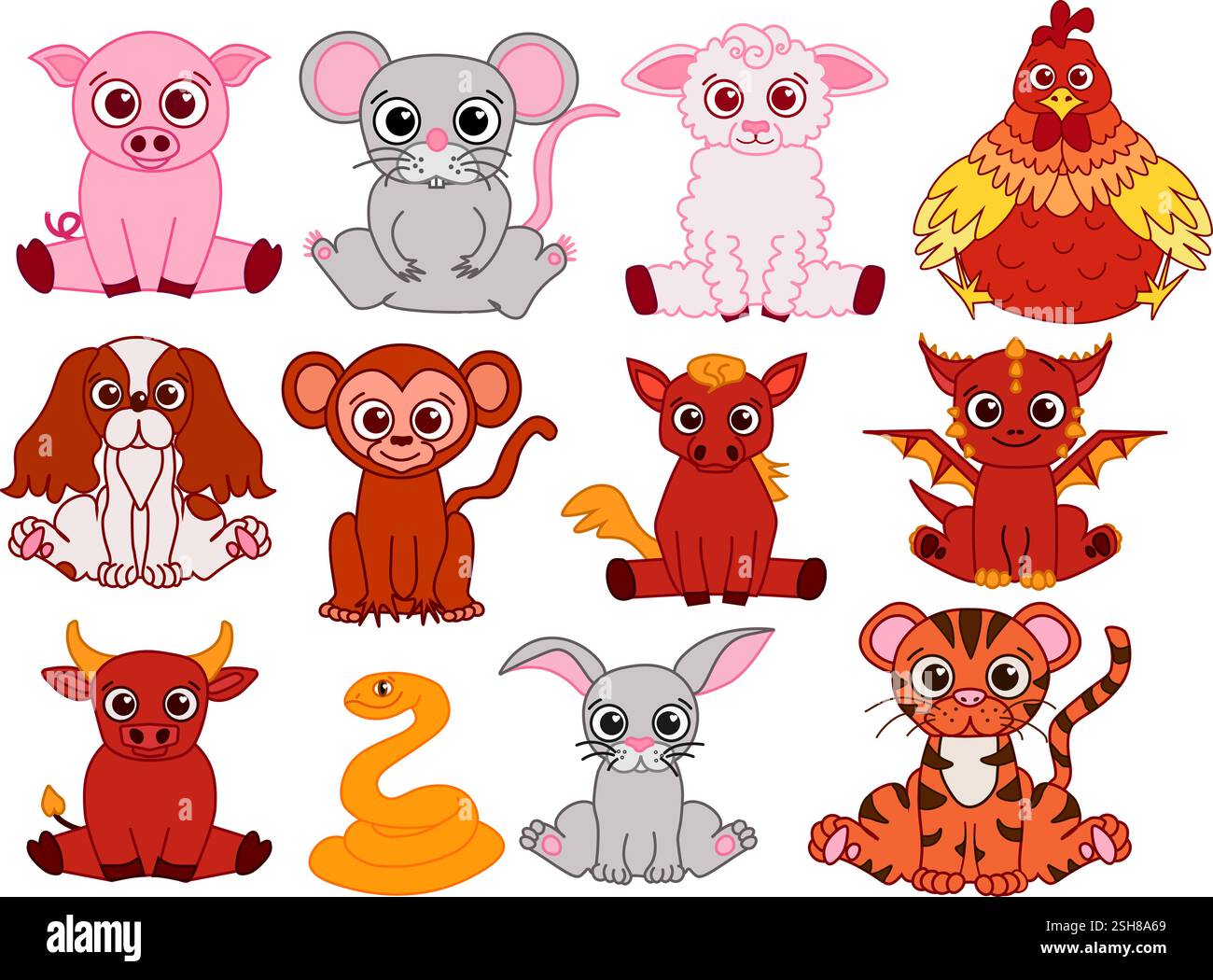 Set of cute baby animals of Chinese new year mascots. Graphic line ...
