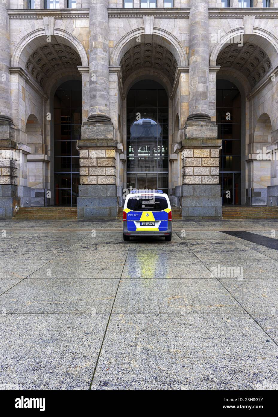 Berlin police emergency vehicle at the rear exit of the Reichstag ...