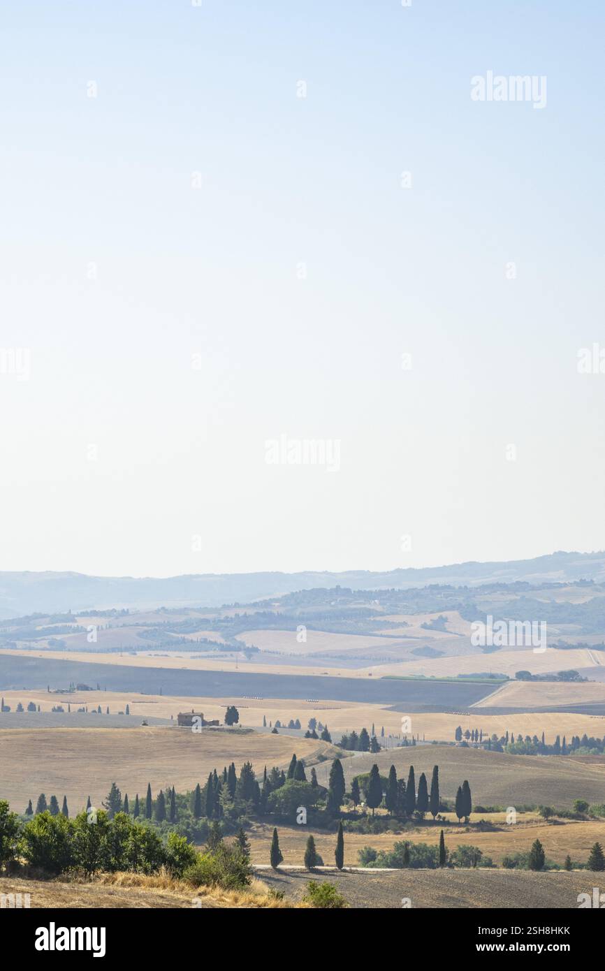 Typical Tuscan landscape in Val d'Orcia with hills, trees, fields ...