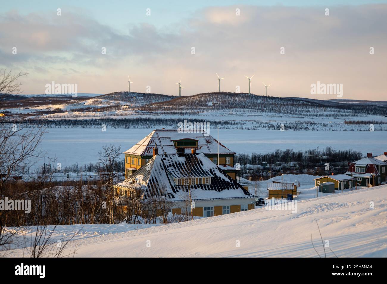 View of the new residential area by Luossavaara with low standing sun ...