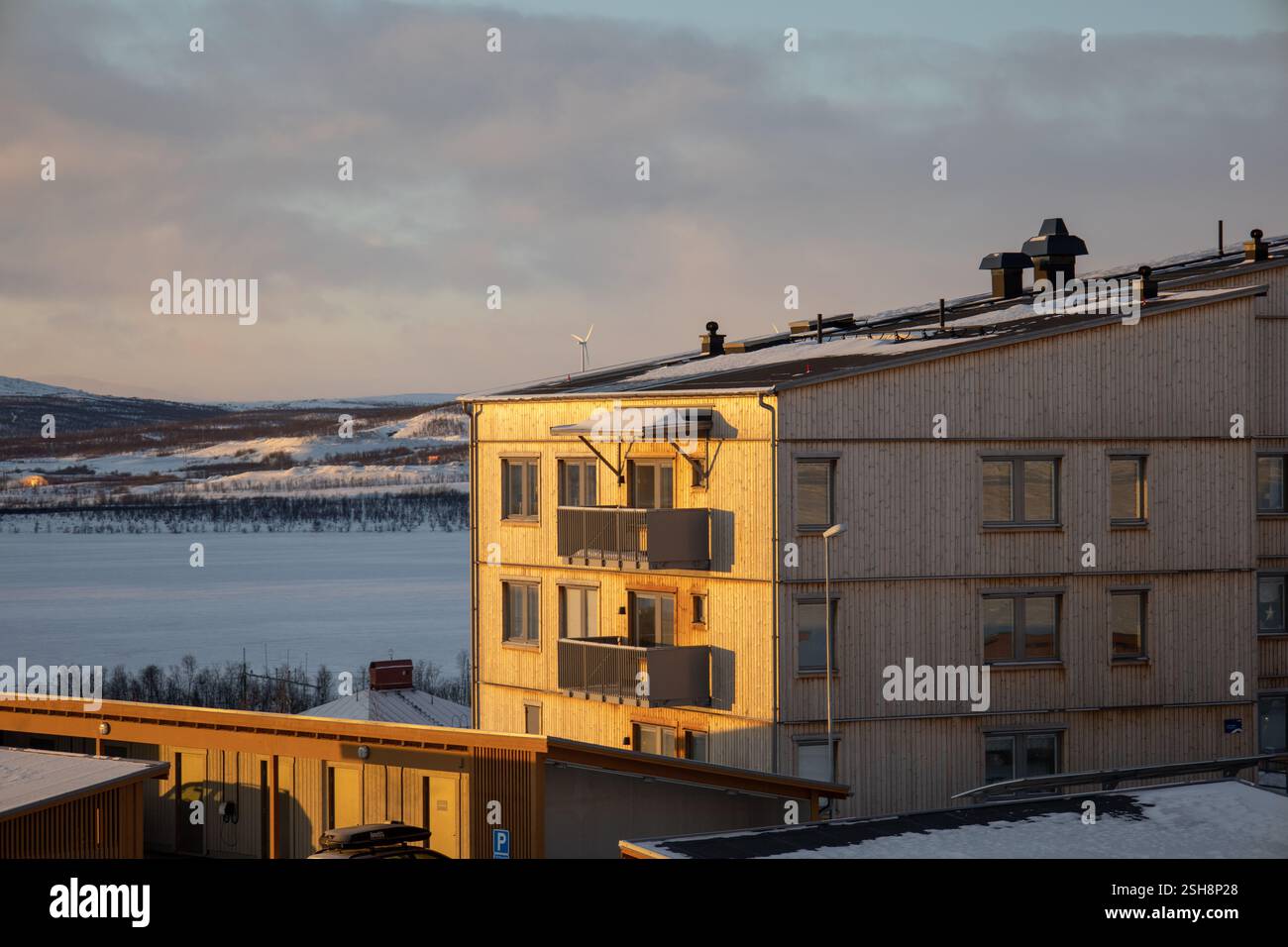 View of the new residential area by Luossavaara with low standing sun ...