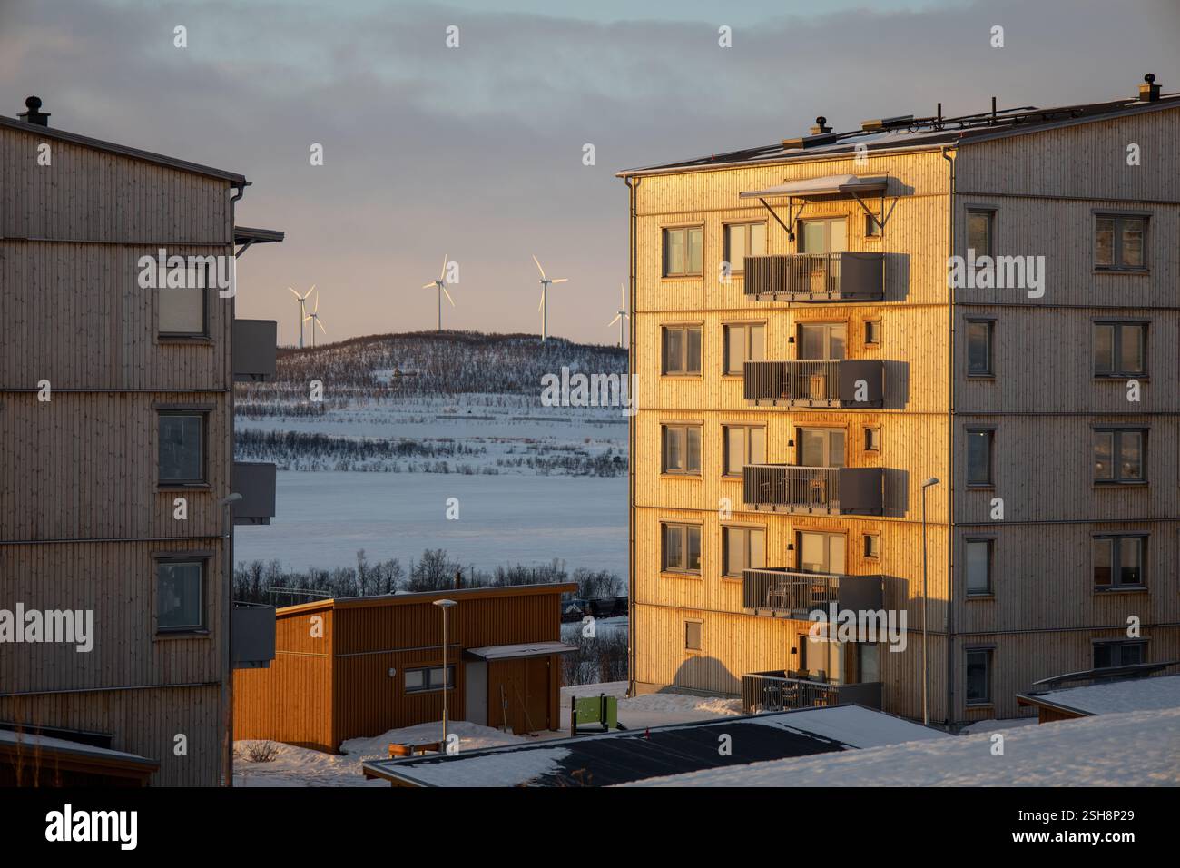 View of the new residential area by Luossavaara with low standing sun ...