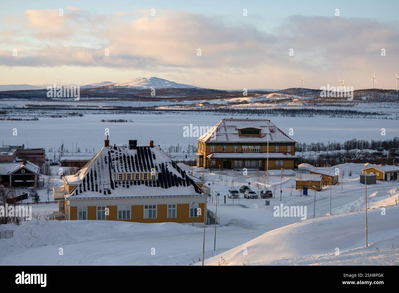 View of the new residential area by Luossavaara with low standing sun ...