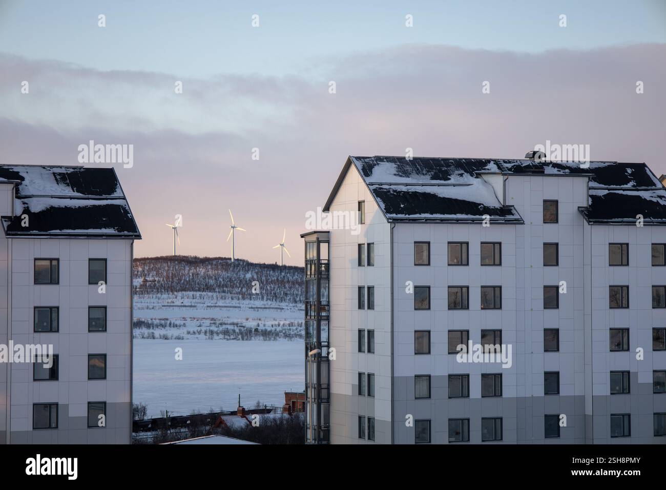View of the new residential area by Luossavaara with low standing sun ...