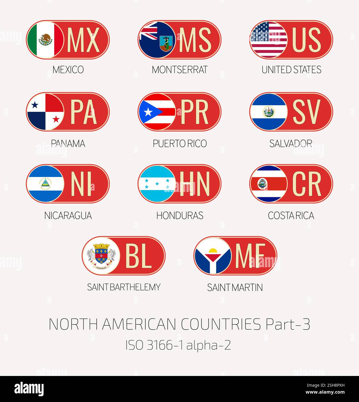 Set of vector illustrations of ISO 3166 1 alpha 2 and flags of NORTH ...