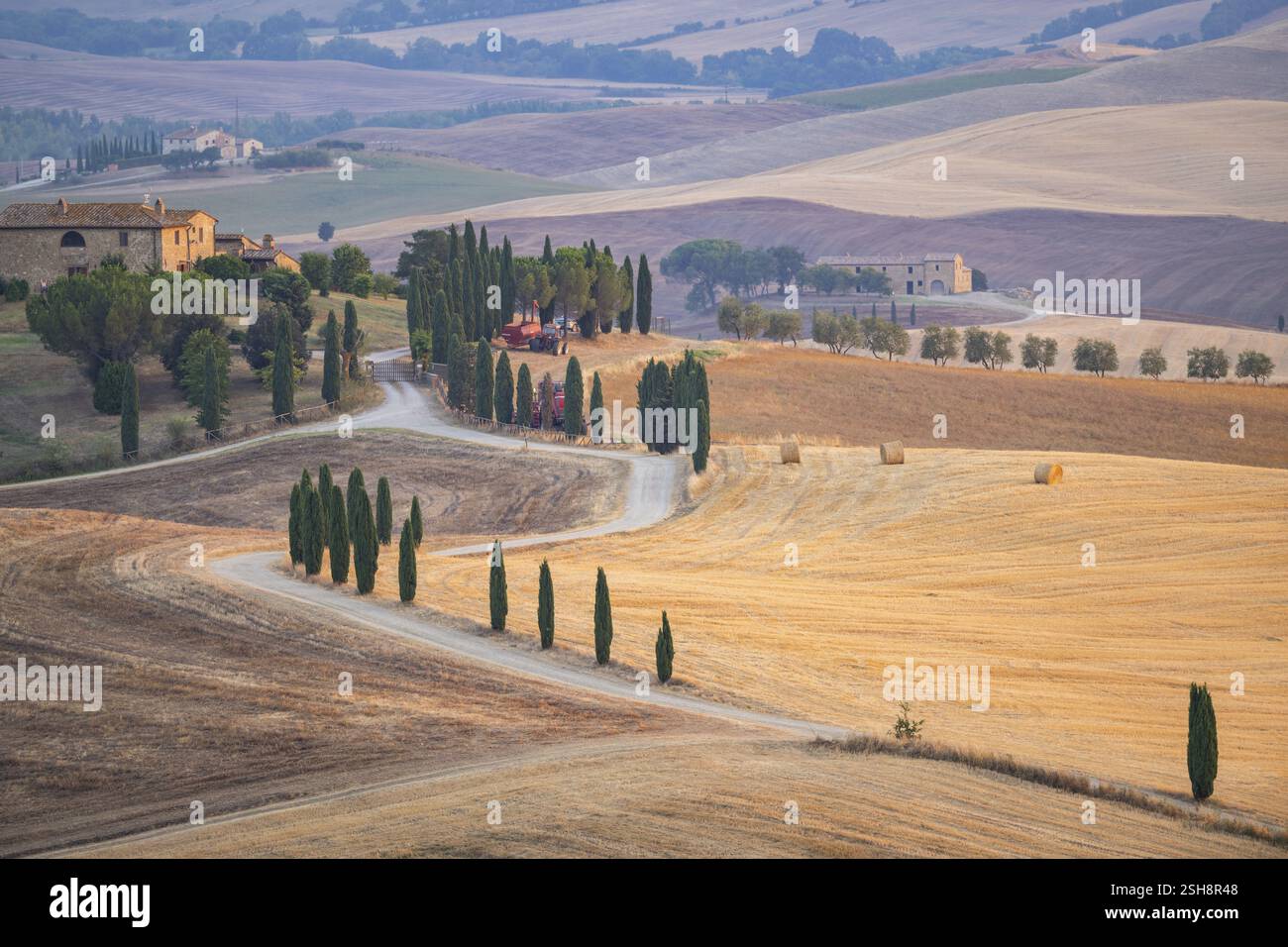 Typical Tuscan landscape in Val d'Orcia with hills, trees, fields ...