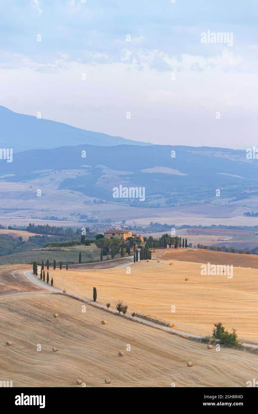 Typical Tuscan landscape in Val d'Orcia with hills, trees, fields ...
