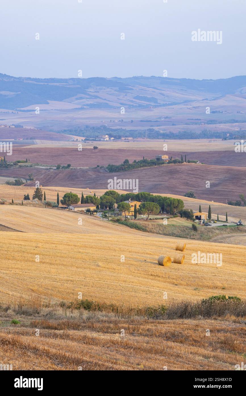 Typical Tuscan landscape in Val d'Orcia with hills, trees, fields ...