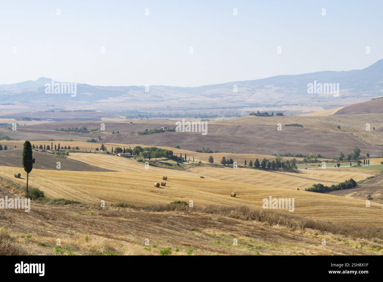 Typical Tuscan landscape in Val d'Orcia with hills, trees, fields ...