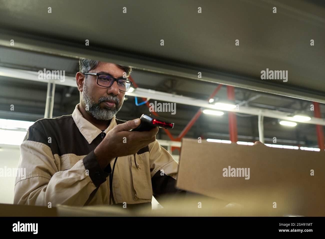 Mature multiethnic factory worker scanning barcodes on packed cardboard ...