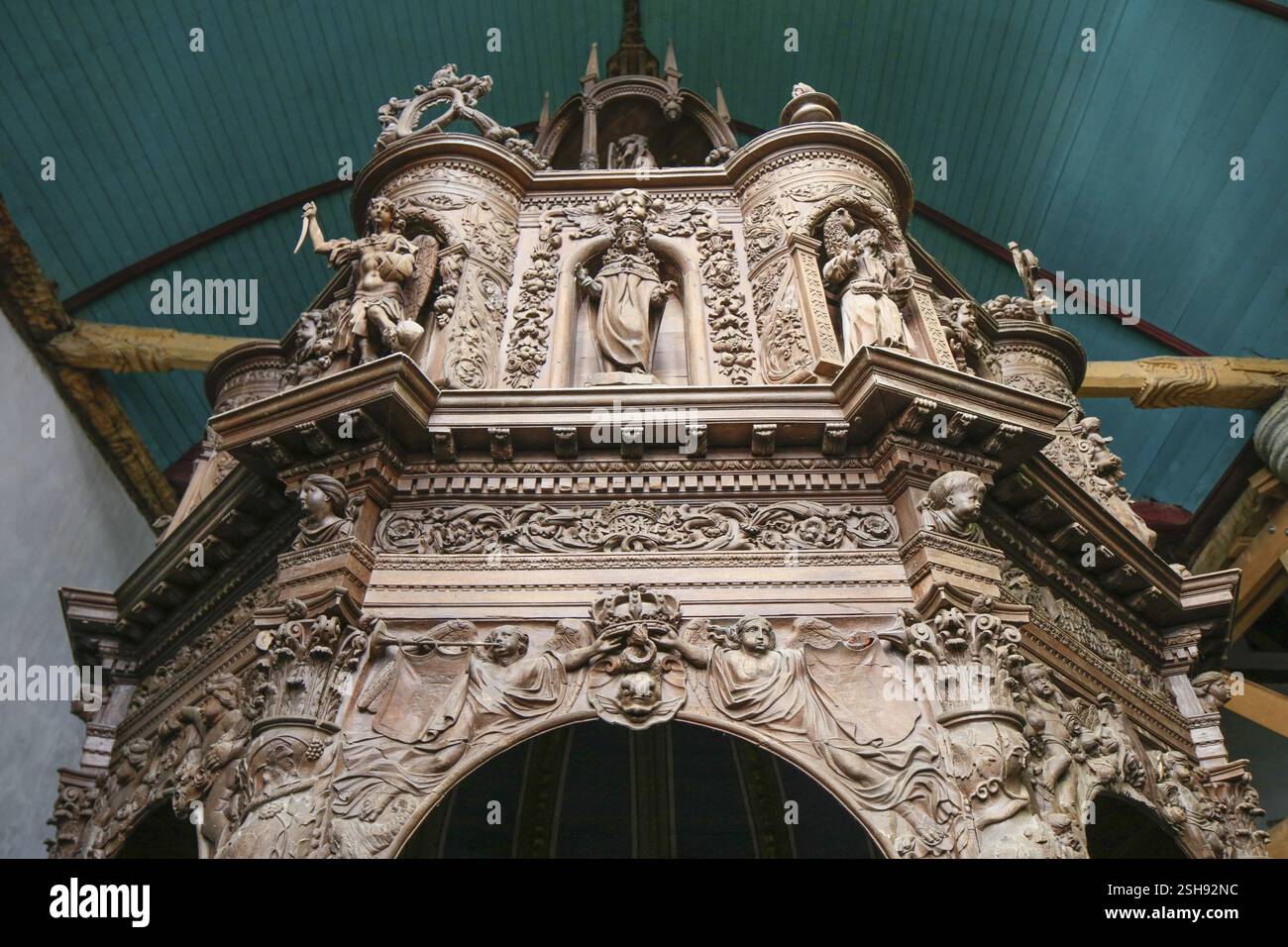 Carved canopy of the baptismal font, Enclos paroissial enclosure ...