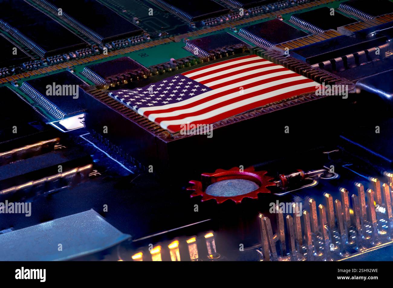 Flag Of Usa On A Processor Concept For The Battle Of Global Microchips Production Between China