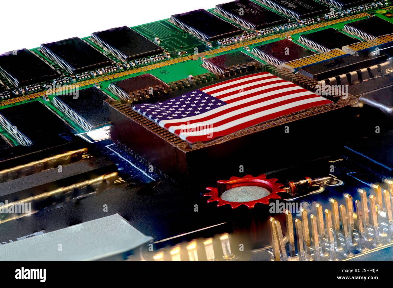 Flag of USA on a processor. Concept for the battle of global microchips ...