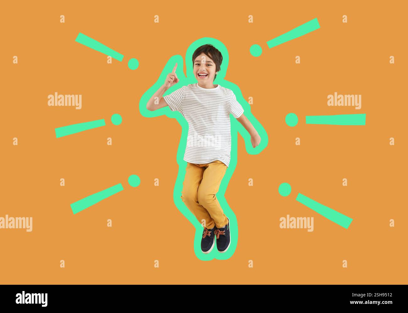 Jumping boy with raised index finger and exclamation marks on orange ...
