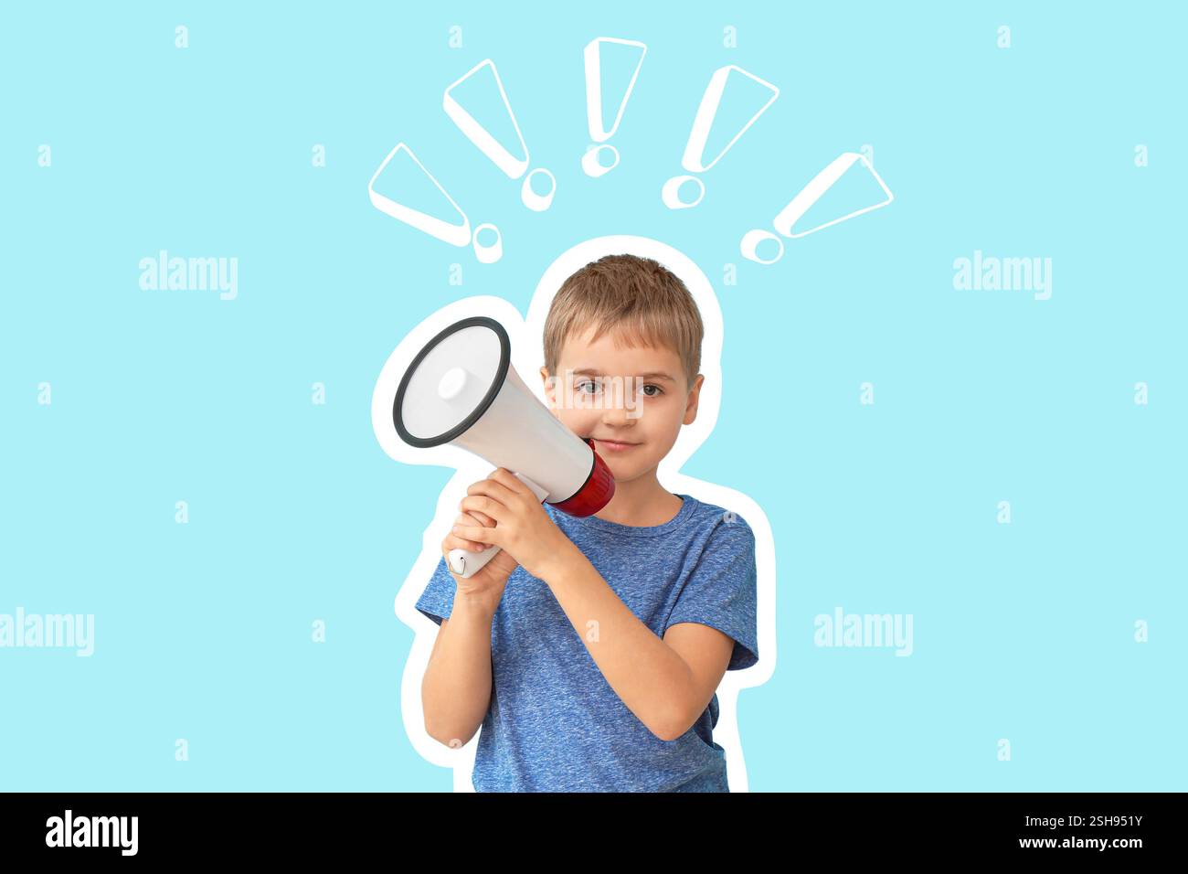 Little boy with megaphone and exclamation marks on light blue ...