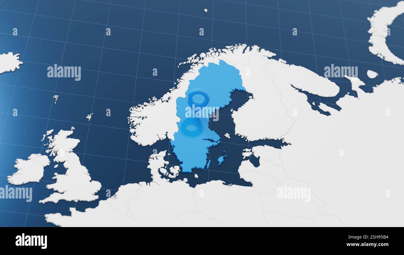 Blue Sweeden 3d map with pointer pin surrounded with other countries in ...