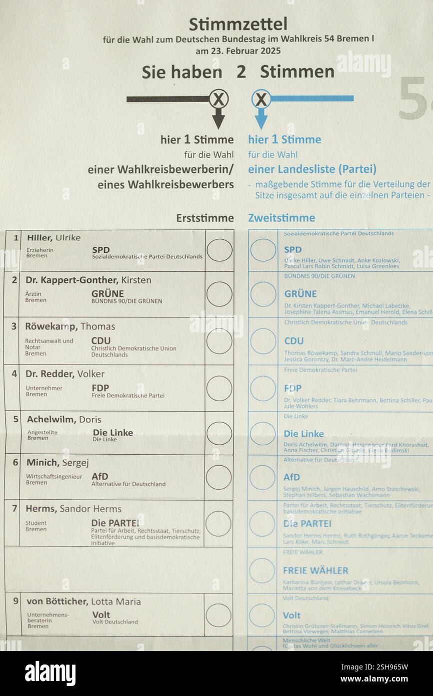 Ballot paper for the 2025 election to the German Bundestag, Germany ...