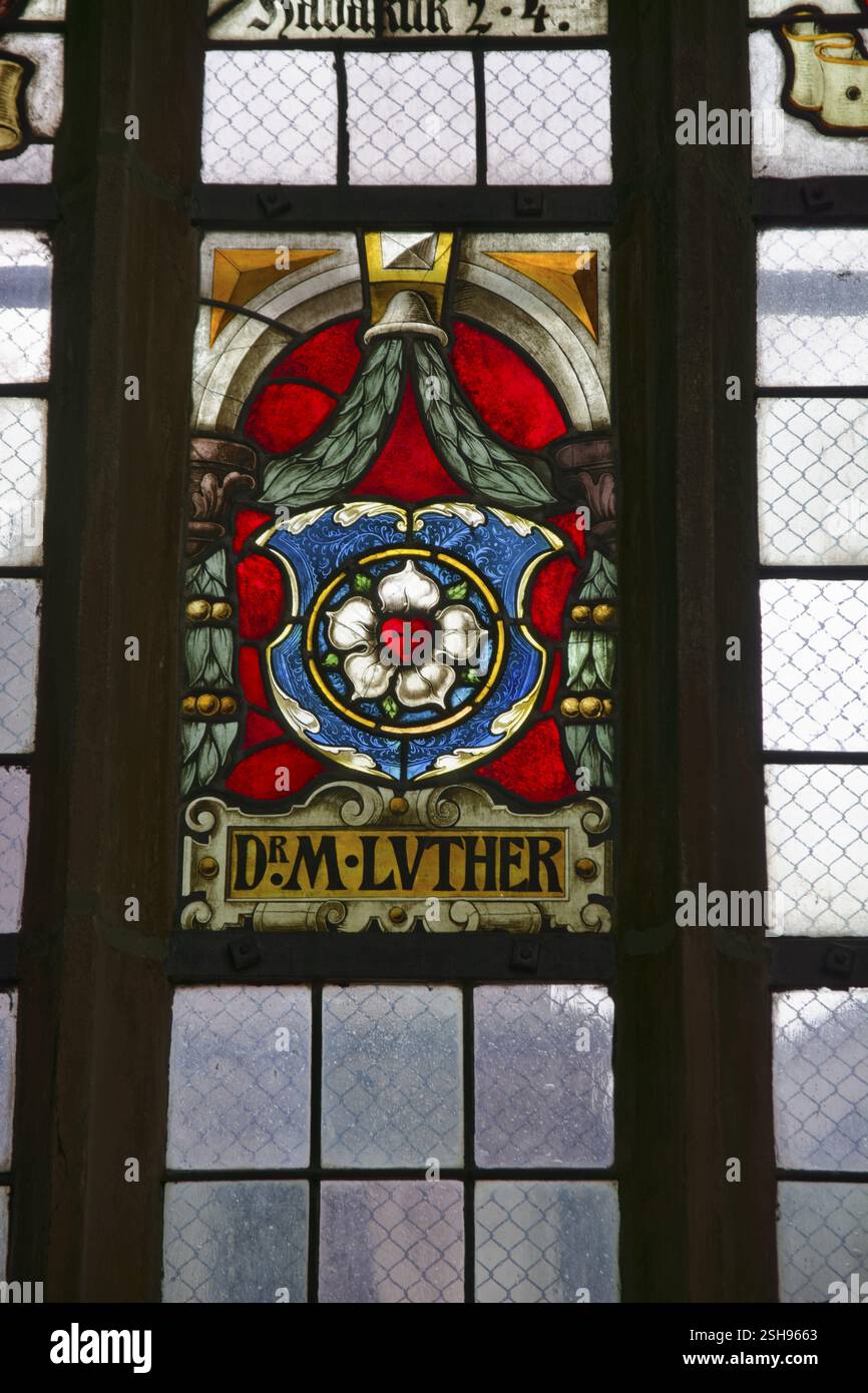 Stained glass window with Luther rose, Martin Luther, Reformation, St ...