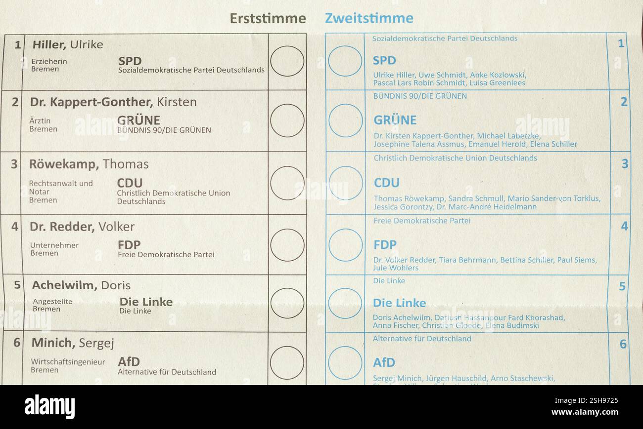 Ballot paper for the 2025 election to the German Bundestag, Germany ...