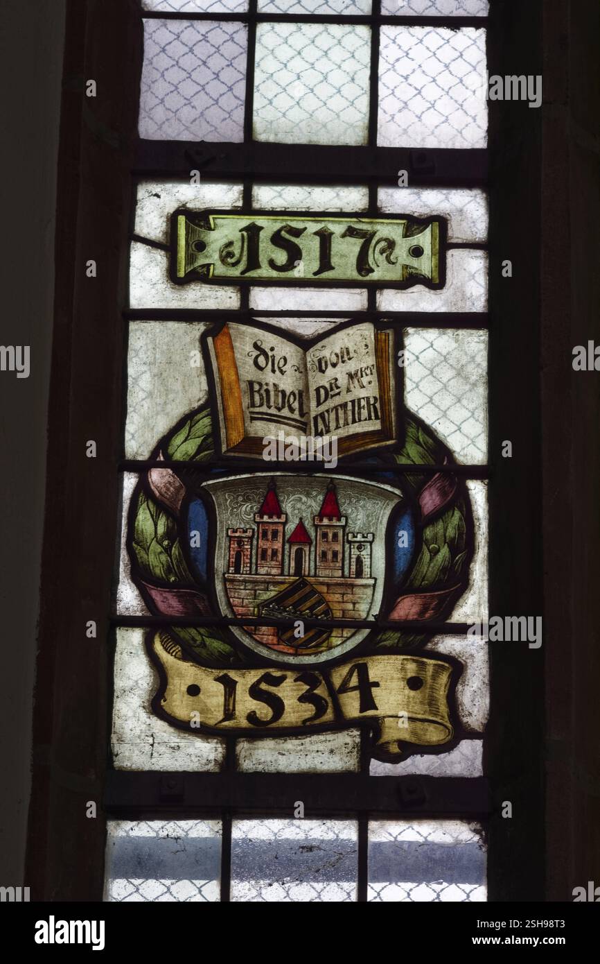 Stained glass window with reference to the Reformation, Martin Luther ...