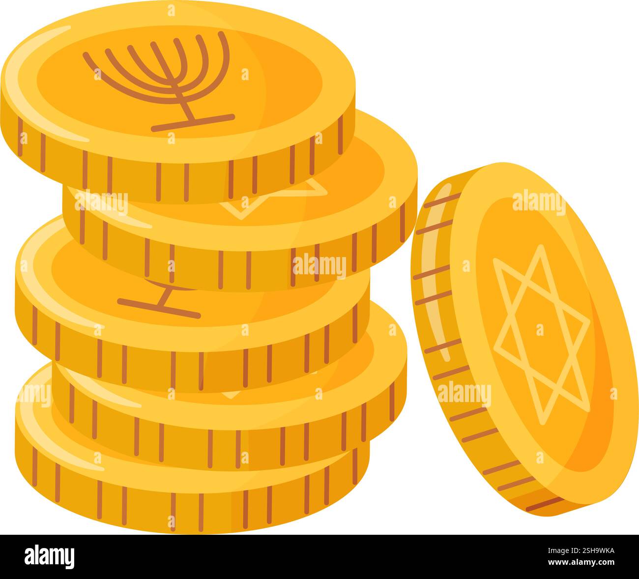 Hanukkah coins with Jewish symbols Magen David and Menorah. Hand drawn ...