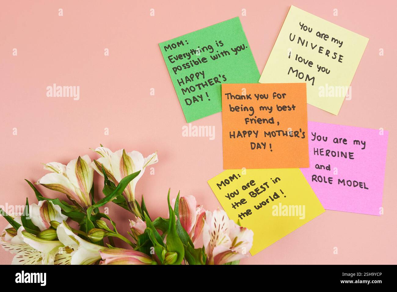 Post it note of gratitude and appreciation for Mother's Day on a pink ...