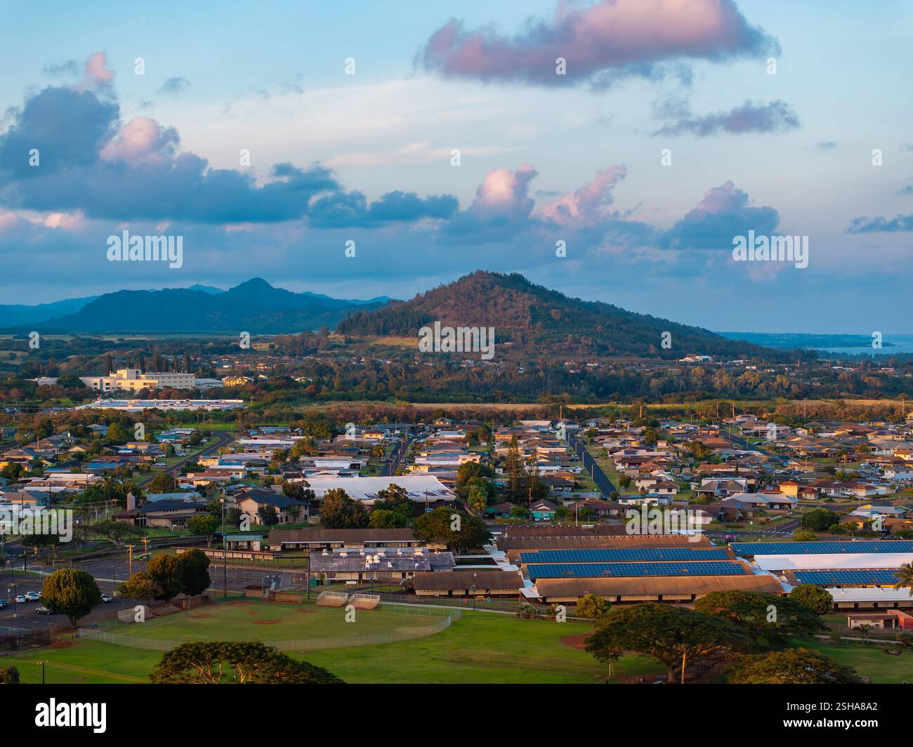 Aerial View of Kauai Residential Area with Hill and Ocean Horizon Stock ...