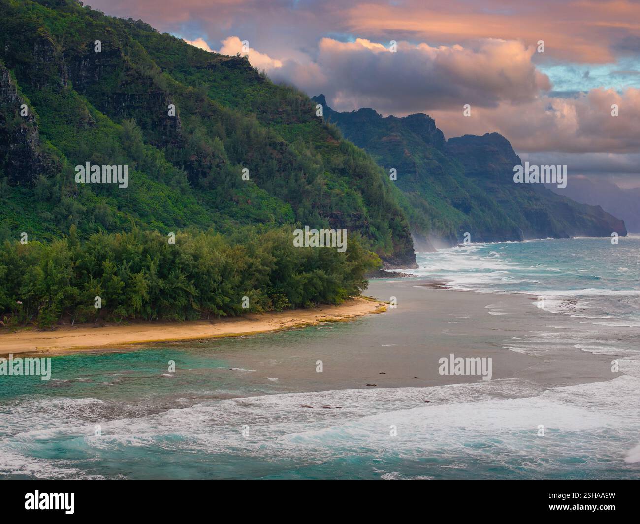 Aerial View of Napali Coast Cliffs and Turquoise Waters at Sunset Stock ...